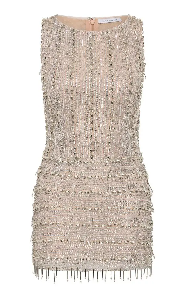 Rachel Gilbert Florentine Fringed Crystal Mini Dress - Silver