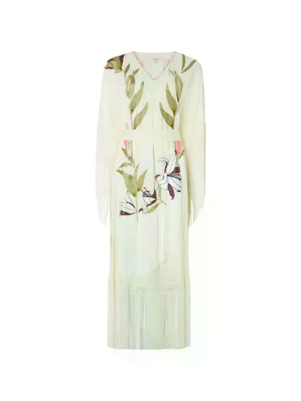 TEMPERLEY LONDON Madeline Floral-embroidered Fringed Kaftan - Neutrals