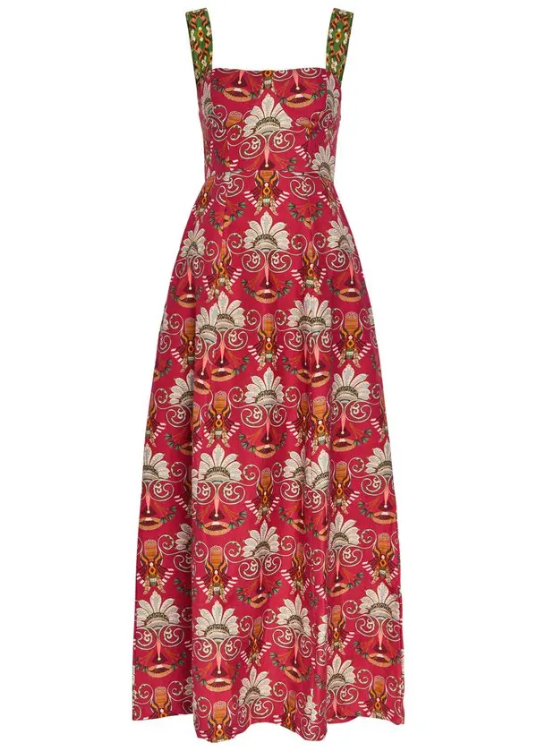 EMPORIO SIRENUSE Azzurra Printed Cotton And Linen-blend Midi Dress - Red