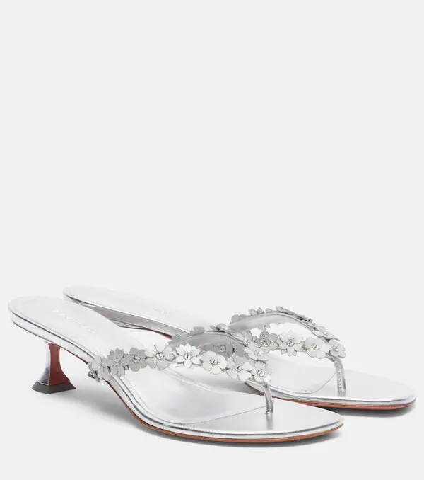 Amina Muaddi Janis Embellished Leather Thong Sandals - Silver