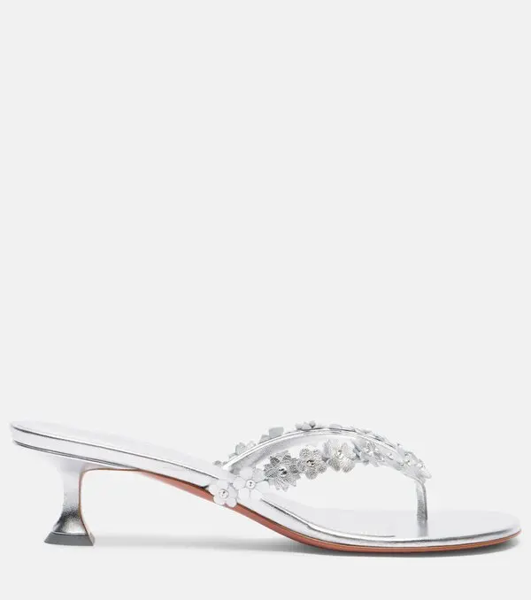 Amina Muaddi Janis Embellished Leather Thong Sandals - Silver