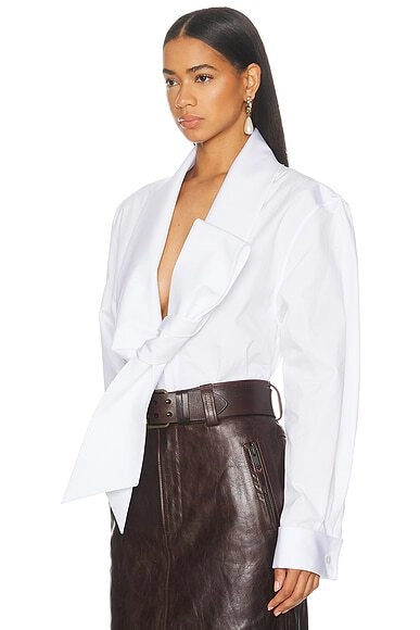 Saint Laurent Asymmetrical Tie Blouse In White Poplin