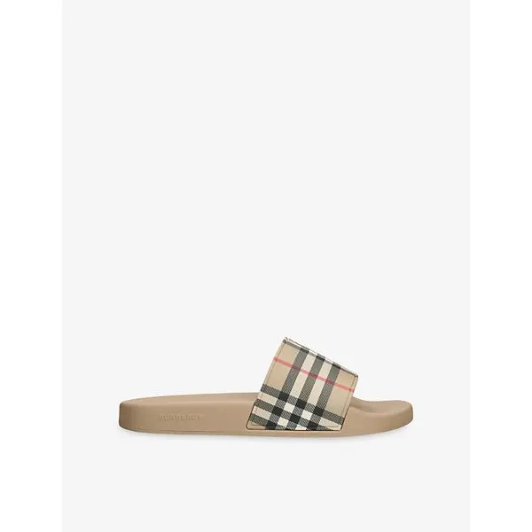 Burberry Checked Rubber Sliders - Beige Comb