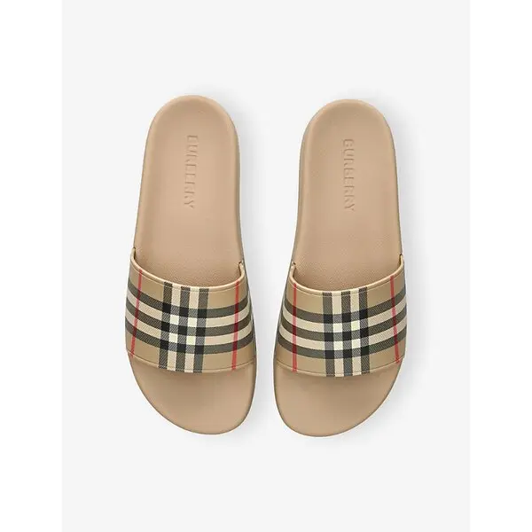 Burberry Checked Rubber Sliders - Beige Comb