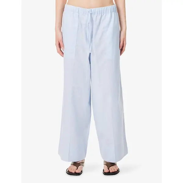 TOTEME Logo-embroidered Wide-leg Cotton And Linen Trousers - Sky
