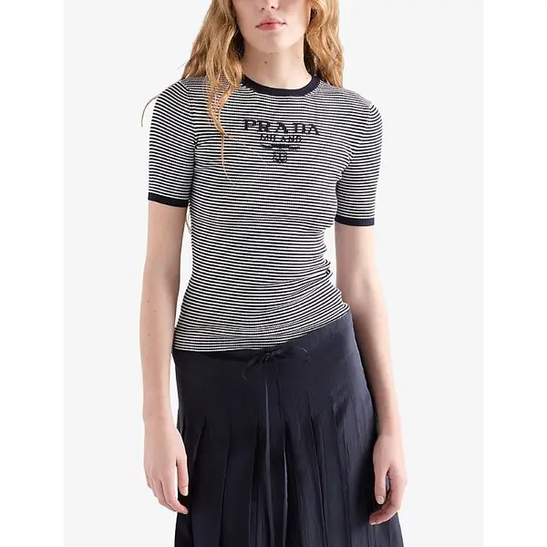 Prada Striped Silk Crewneck Knit Top