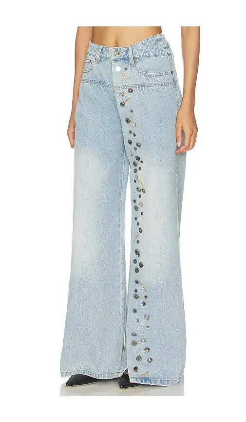MARRKNULL Asymmetrical Metal-button Wide-leg Jeans
