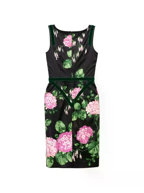 Dolce & Gabbana Floral Printed Velvet Trim Dress - Black