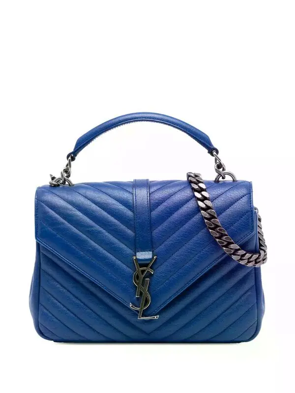 Saint Laurent 2015 Medium Quilted Chevron Sheepskin College Satchel - Blue