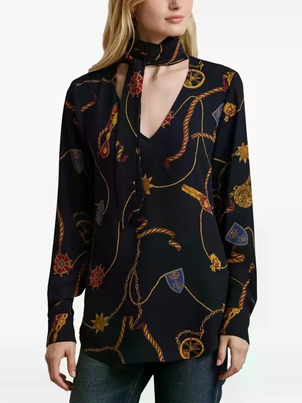 Ralph Lauren Chain-print Tie-neck Blouse