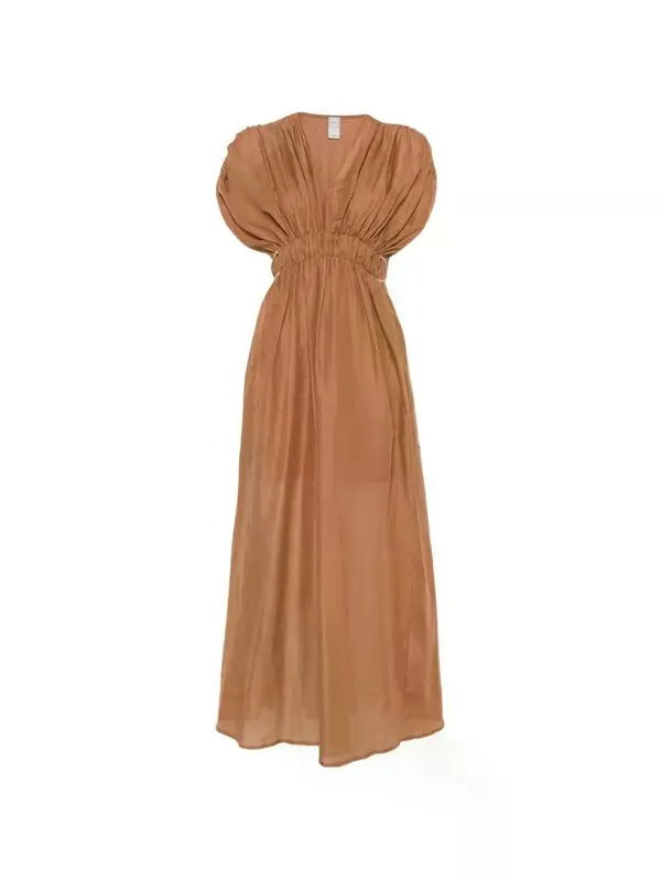 120% Lino Gathered V-neck Maxi Dress - Brown