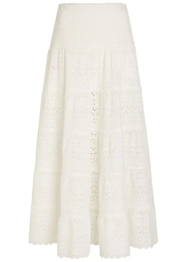 Rixo Ripeka Embroidered Cotton Midi Skirt