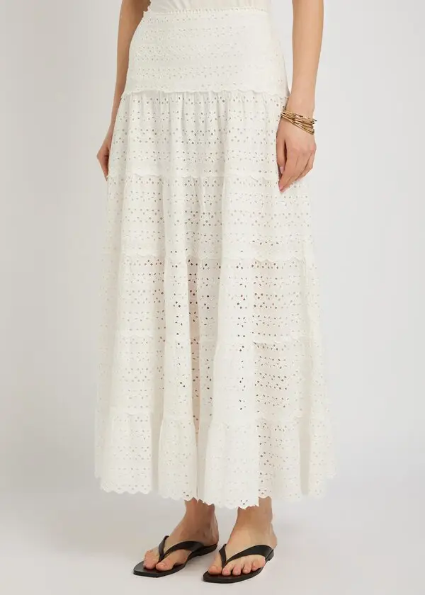 Rixo Ripeka Embroidered Cotton Midi Skirt