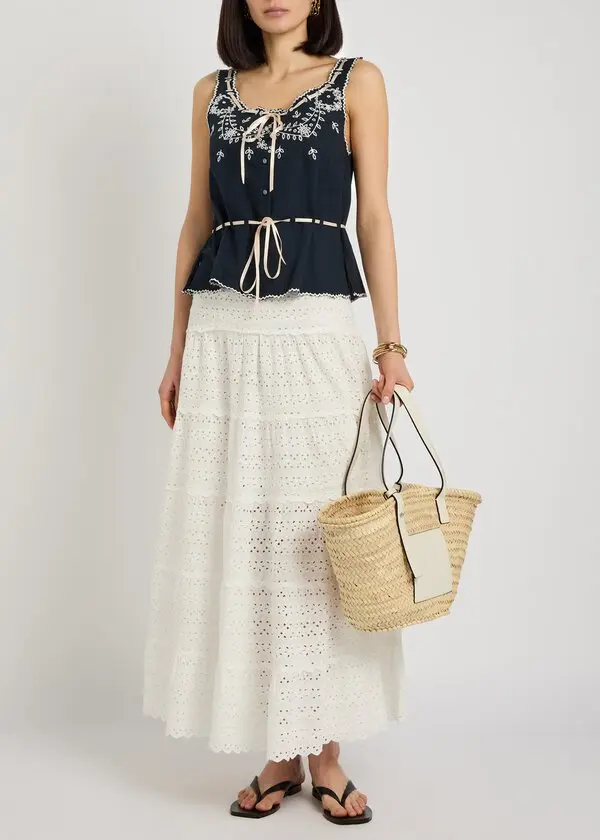 Rixo Ripeka Embroidered Cotton Midi Skirt