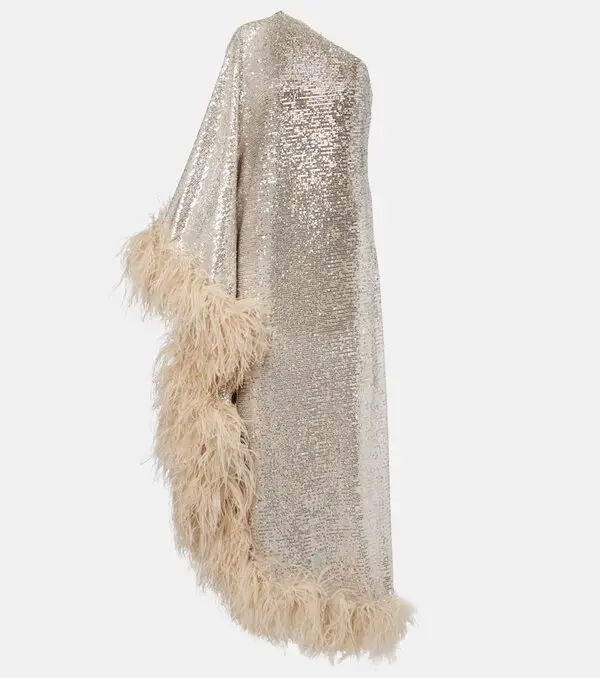TALLER MARMO Feather-trimmed Sequined Gown - Silver