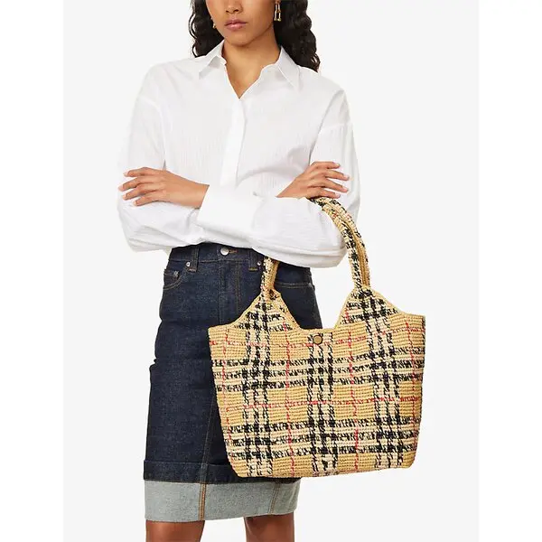 Burberry Small Margate Check Raffia Tote Bag