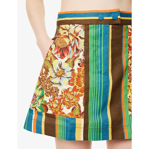ALEMAIS Striped Floral Linen Mini Skirt