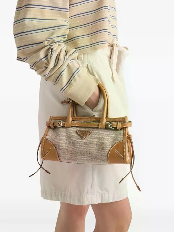 Prada Bonnie Small Linen And Leather Handbag - Neutrals