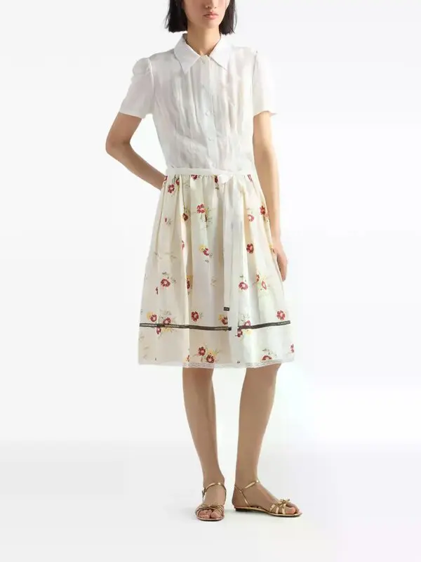Prada Floral Print Linen Midi Skirt - Neutrals