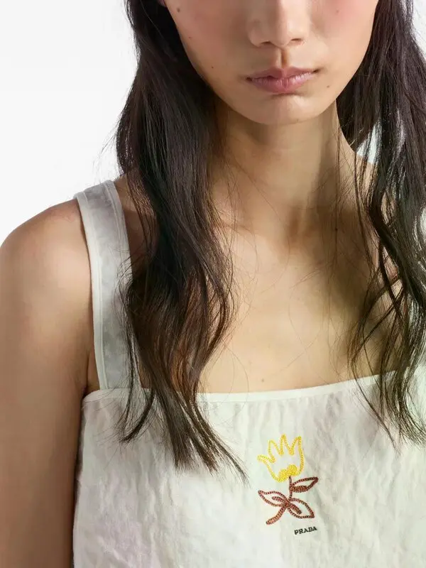 Prada Embroidered Linen Square Neck Top