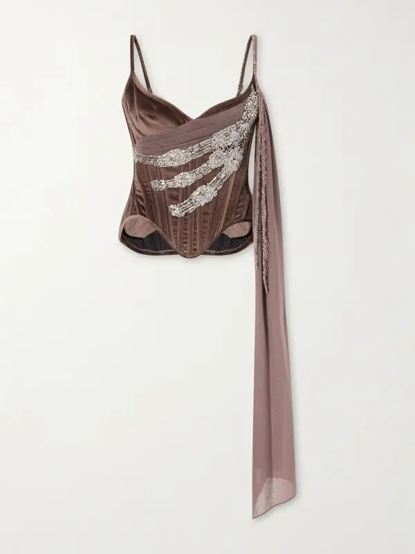 WIEDERHOEFT Tie-detailed Embellished Cotton-blend Velvet Corset Top - Brown