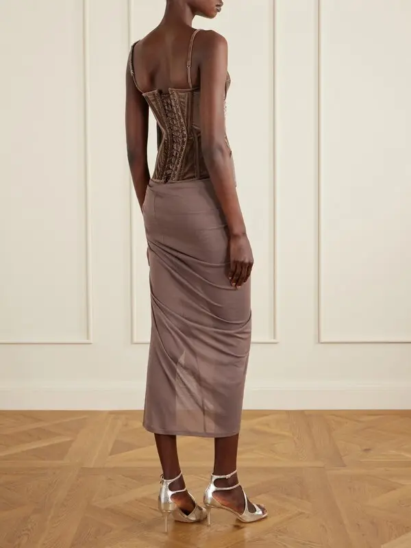 WIEDERHOEFT Embellished Draped Knitted Midi Skirt