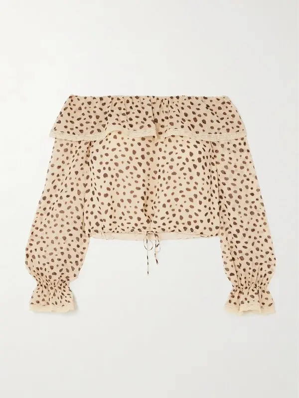 Posse Priscilla Off-the-shoulder Cheetah-print Silk Georgette Blouse With Lace Trim - Brown