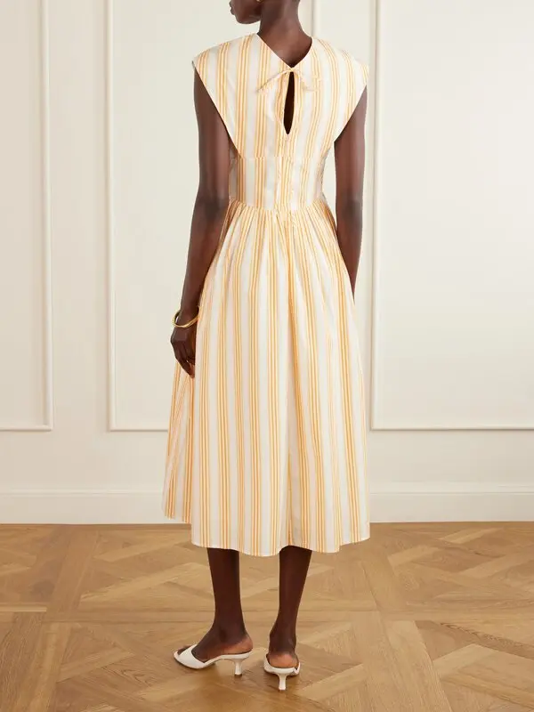 Rosie Assoulin In Full Bloom Gathered Striped Cotton-taffeta Midi Dress - Orange