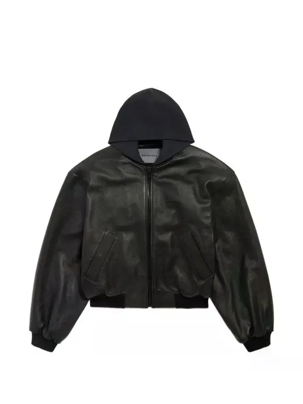 Balenciaga Leather Bomber Jacket With Hood And Graphic Print