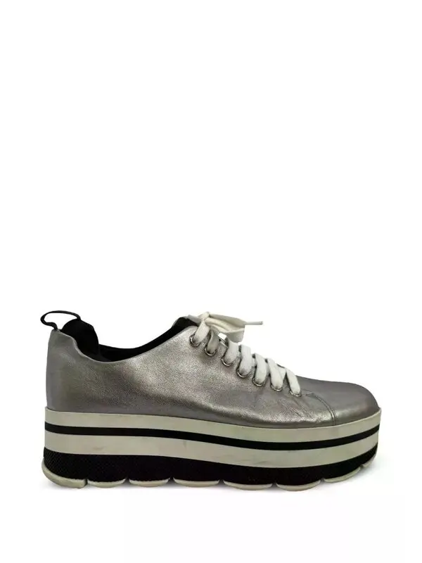 Prada Metallic Leather Platform Lace-up Sneakers - Silver