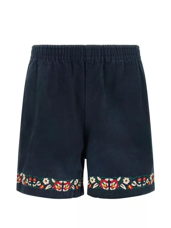 FOUND Horse Equine Floral-embroidered Cotton Shorts - Blue