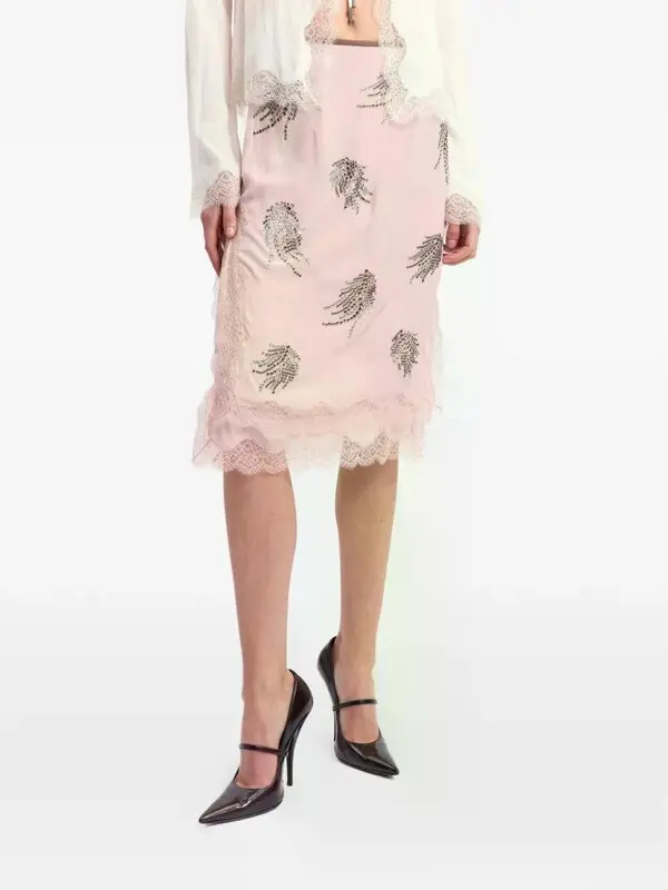 16Arlington Liri Crystal Embellished Lace Trim Midi Skirt - Pink