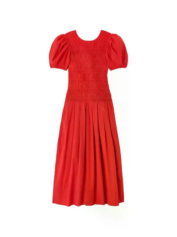 GANNI Smocked Puff-sleeve Organic Cotton Dress - Red
