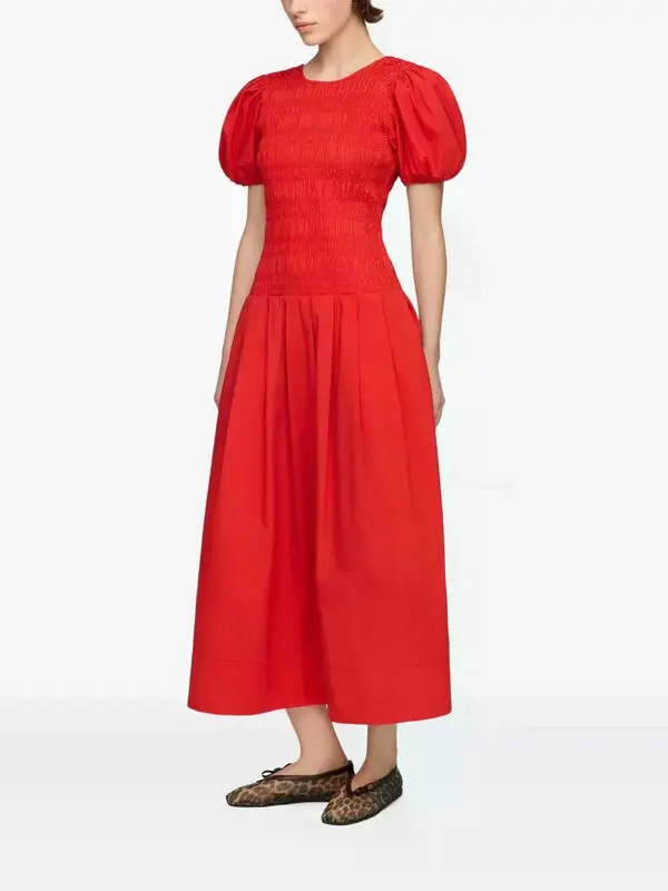 GANNI Smocked Puff-sleeve Organic Cotton Dress