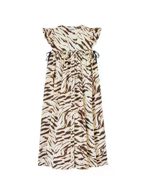 GANNI Tiger Print Ruffled Midi Dress - Neutrals