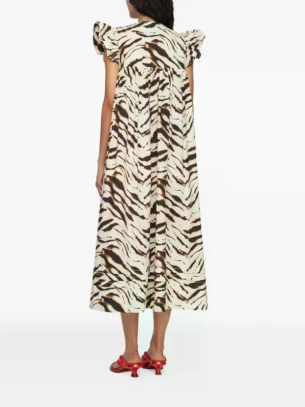 GANNI Tiger-print Ruffled Midi Dress - Neutrals