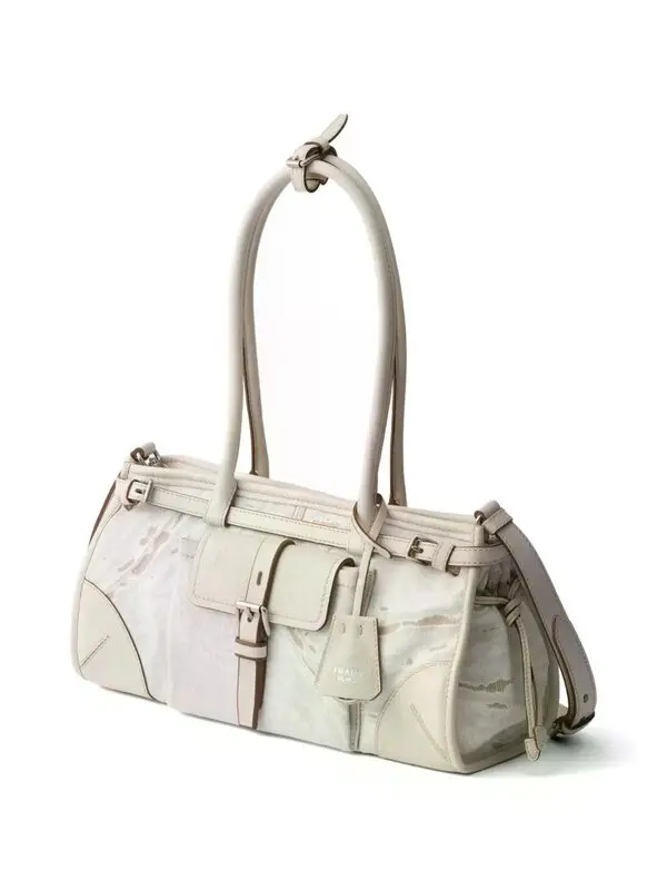 Prada Bonnie Medium Printed Linen And Leather Handbag - Neutrals
