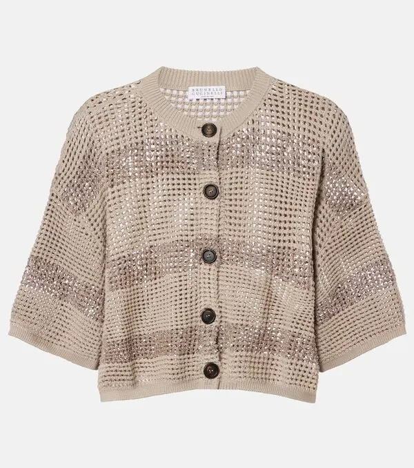 Brunello Cucinelli Sequined Cotton Cardigan - Beige