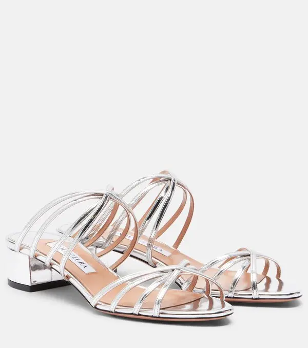AQUAZZURA Tell Me Mirrored Leather Mules - Silver