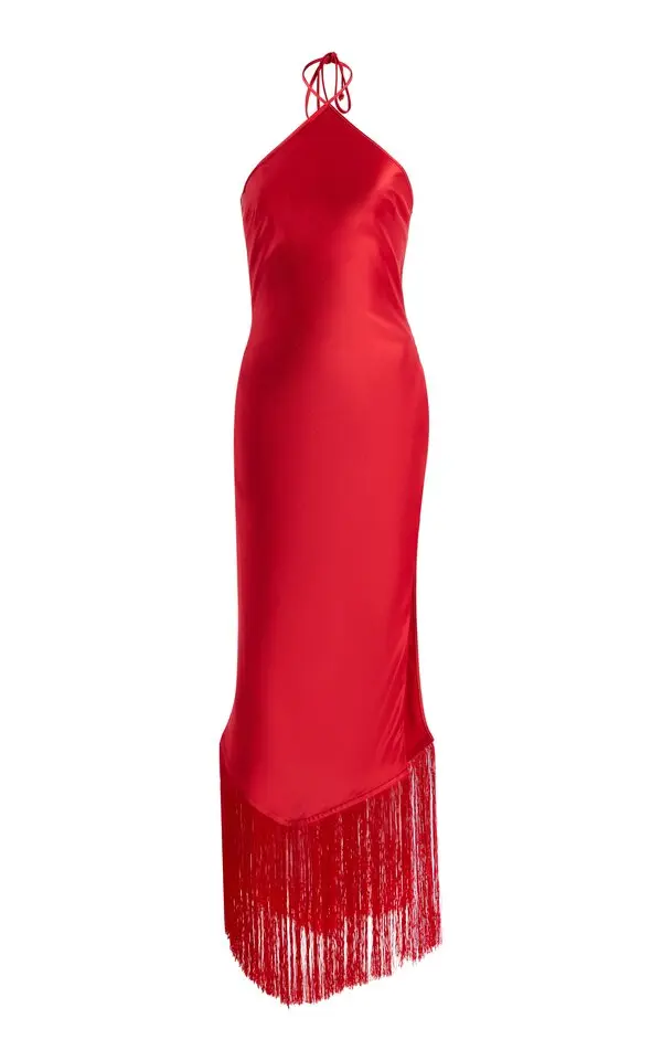 THE NEW ARRIVALS ILKYAZ OZEL Exclusive Blânca Fringed Satin Midi Halter Dress - Red