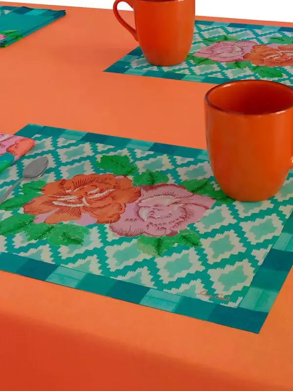 LISA CORTI Floral-print Geometric-pattern Placemats - Blue