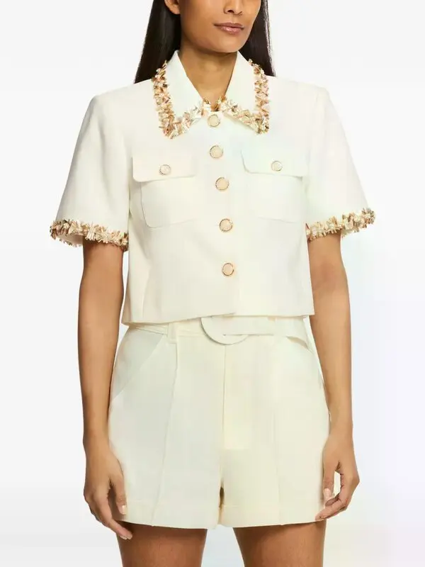 Cinq À Sept White Raffia And Pearl Embellished Cropped Jacket - Neutrals