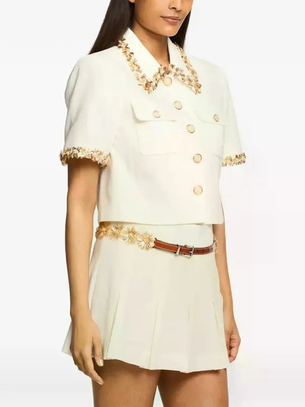 Cinq À Sept White Raffia And Pearl Embellished Cropped Jacket - Neutrals
