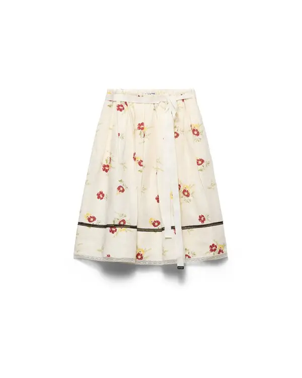 Prada Floral Print Linen Skirt With Tie Belt - Ruby Red