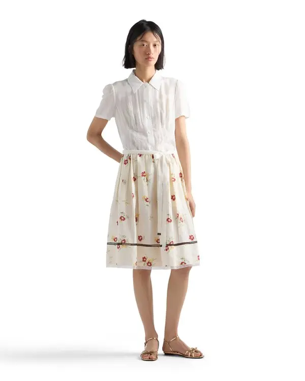 Prada Floral Print Linen Skirt With Tie Belt - Ruby Red