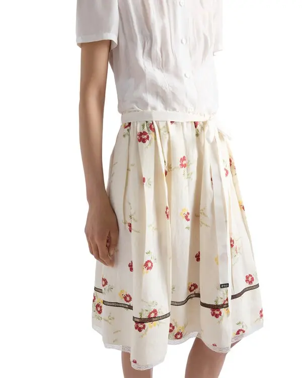 Prada Floral Print Linen Skirt With Tie Belt - Ruby Red