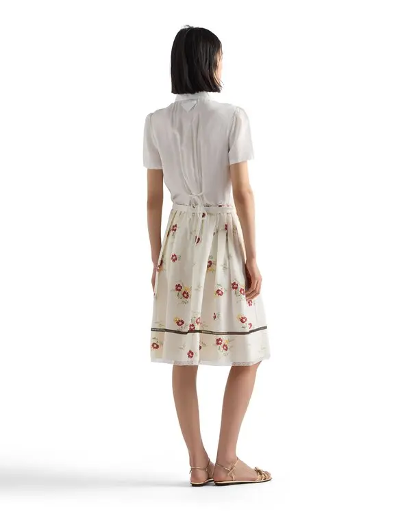 Prada Floral Print Linen Skirt With Tie Belt - Ruby Red