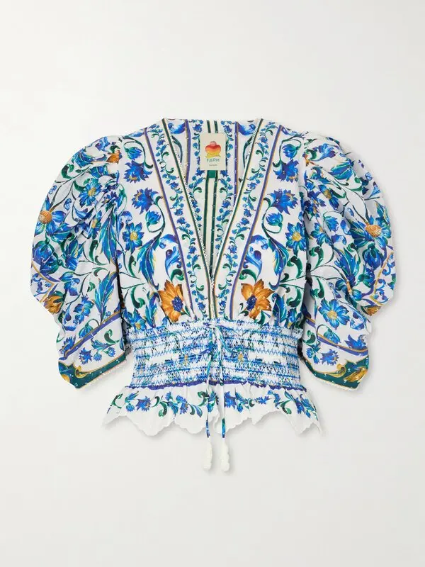 Farm Rio Flora Tile Shirred Floral-print Cotton-poplin Blouse