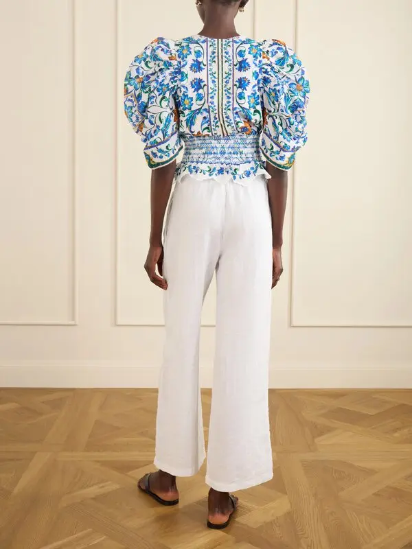 Farm Rio Flora Tile Shirred Floral-print Cotton-poplin Blouse
