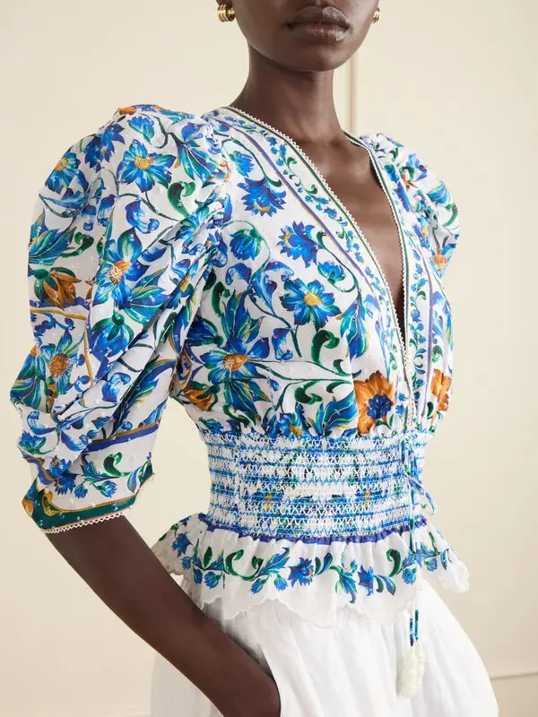 Farm Rio Flora Tile Shirred Floral-print Cotton-poplin Blouse